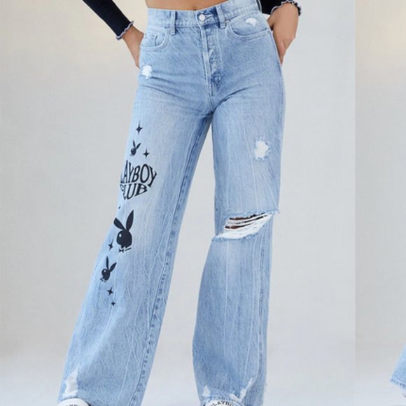 PLAYBOY | Jeans | Playboy 22 Nwt Vtg Wash Denim Distressed Graphic Wide ...